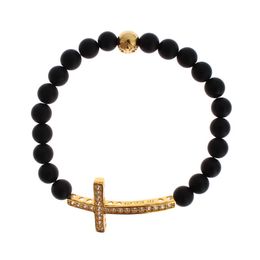 Nialaya Matte Onyxstein Gold CZ Kreuz 925 Silberarmband