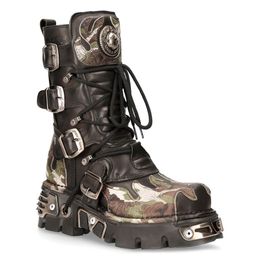 New Rock Flame Biker-Stiefel aus Leder mit Camouflage-Akzent &ndash; ​​M-591-S15