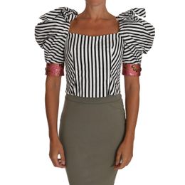 Dolce & Gabbana Dolce & Gabbana Women's White Black Striped Cropped Top Puff Sleeve Shirts