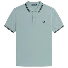 Schwarzes, hellblaues Poloshirt mit Doppelstreifenkragen von Fred Perry