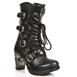 New Rock Gothic-Stiefel aus schwarzem Leder und Metallic-Look f&uuml;r Damen &ndash; TR003-S1
