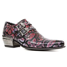 New Rock Vintage Rote Lederschnallenschuhe mit Blumenmuster-7960-S6