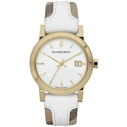 Burberry BU9110 Leder Wei&szlig; Gro&szlig;es Karo Damenuhr