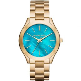 Michael Kors MK3492 Slim Runway 42mm Goldfarbene Edelstahl Damenarmbanduhr mit blauen Zifferblatt