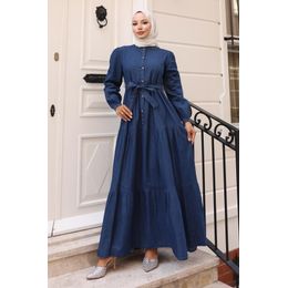 Gekn&ouml;pft Layered Denim Kleid Dunkelblau