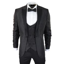 Schwarzer Herren-Smoking-Blazer, Brokat-Satin-Paisley-formelles Abendessen