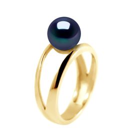 DIADEMA - Ring in Gelbgold - Echte S&uuml;&szlig;wasserperlen - Schwarzer Tahitian Style