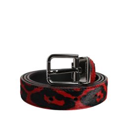Dolce & Gabbana Dolce & Gabbana Schwarz-Rot Leopard Silberne Metall-Schnalle G&uuml;rtel