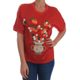 Dolce & Gabbana Dolce & Gabbana Damen Rote Seidenbluse mit Orangen-Muster und Kristallen