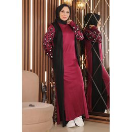 Gemustert Sleeve Strick Kleid Weinrot