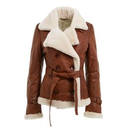 Hellbraune zweireihige Fliegerjacke aus Schaffell f&uuml;r Damen &ndash; Leshan