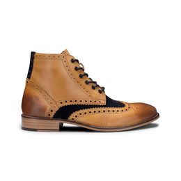 Klassische Herren-Stiefeletten im Gatsby-Brogue-Stil aus hellbraunem Oxford-Leder mit marineblauem Wildleder