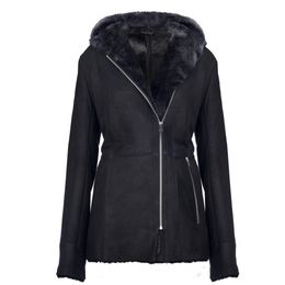 Schwarze Damen-Jacke aus Merino-Schaffell mit Kapuze, Mandalay