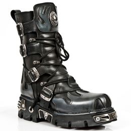 New Rock Flame Akzentuierte schwarz/silberne Lederstiefel-591-S2