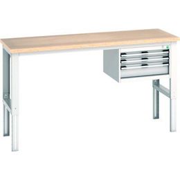 Bott Werkbank cubio, manuell h&ouml;henverstellbar, Buche-Multiplexplatte, B 2000 x H 740-1140 mm, bis 600 kg, Stahlgestell, lichtgrau RAL 7035, 3 Schubladen