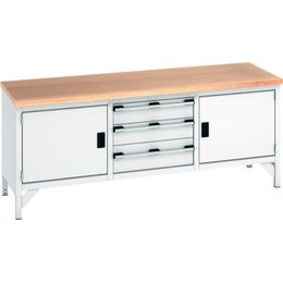 Bott Kastenwerkbank cubio, mit 3 Schubladen, Stahlgestell, Buche-Multiplexplatte, B 2000 x T 750 x H 840 mm, lichtgrau/lichtgrau