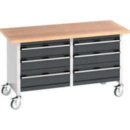 Bott Kastenwerkbank cubio, 6 Schubladen, 4 feststellabre Rollen, Buche-Multiplexplatte, B 1500 x T 750 x H 840 mm, anthrazit/lichtgrau