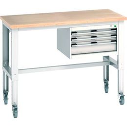 Bott Werkbank cubio, 4 Rollen, mit H&auml;ngeschrank, Buche-Multiplexplatte, B 1500 x T 750 mm, lichtgrau RAL 7035