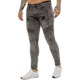Enzo | Mens Skinny Stretch Biker Denim Jeans - Black Acid