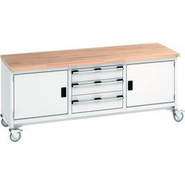 Bott Kastenwerkbank cubio, 4 Lenkrollen, 3 Schubladen, Buche-Massiv, B 2000 x T 750 x H 840 mm, lichtgrau/lichtgrau