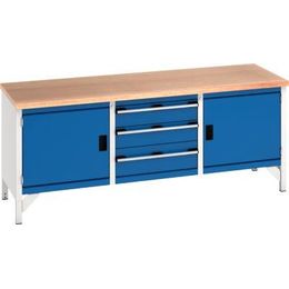 Bott Kastenwerkbank cubio, mit 3 Schubladen, Stahlgestell, Buche-Multiplexplatte, B 2000 x T 750 x H 840 mm, lichtgrau/enzianblau