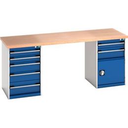 Bott Werkbank Cubio, Buche-Multiplexplatte 40 mm, B 2000 x T 750 x H 940 mm, 1500 kg, 9 Schubladen, 1 T&uuml;r, abschlie&szlig;bar, enzianblau/lichtgrau