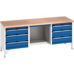 Bott Werkbank, Buche-Multiplexplatte, B 2000 x T 750 x H 840 mm, 6 Schubladen, lichtgrau/enzianblau