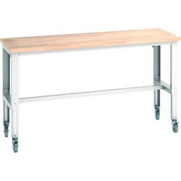Bott Werkbank Cubio, 4 Lenkrollen, h&ouml;henverstellbar, Buche-Massiv, B 2000 x T 750 mm, bis 300 kg, lichtgrau RAL 7035