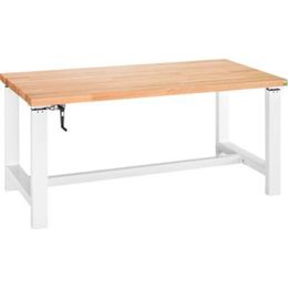 Bott Systemwerkbank cubio, manuell h&ouml;henverstellbar per Handkurbel, Buche-Multiplexplatte ge&ouml;lt, B 1500 x T 750 x H 1060 mm, 400 kg, lichtgrau RAL 7035
