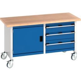 Bott Kastenwerkbank Cubio, 4 Lenkrollen, 3 Schubladen, 1 T&uuml;r, 40 mm Buche-Multiplexplatte, B 1500 x T 750 x H 840 mm, enzianblau/lichtgrau