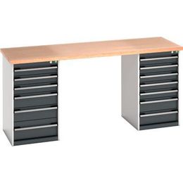 Bott Werkbank, Buche-Multiplexplatte, B 2000 x T 750 x H 940 mm, bis 1500 kg, 13 Schubladen, lichtgrau RAL 7035, abschlie&szlig;bar
