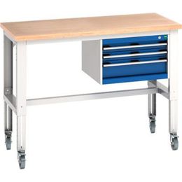 Bott Werkbank cubio, 4 Rollen, mit H&auml;ngeschrank, Buche-Multiplexplatte, B 1500 x T 750 mm, Stahlblech, enzianblau/lichtgrau