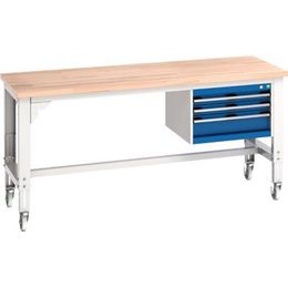 Bott Werkbank cubio, 4 Rollen, mit H&auml;ngeschrank, Buche-Massivplatte, B 2000 x T 750 mm, Stahlblech, enzianblau/lichtgrau
