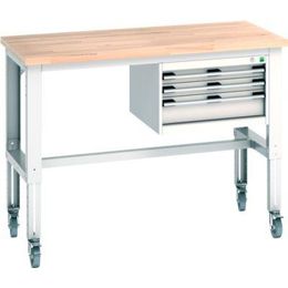 Bott Werkbank cubio, 4 Rollen, mit H&auml;ngeschrank, Buche-Massiv, B 1500 x T 750 mm, lichtgrau RAL 7035
