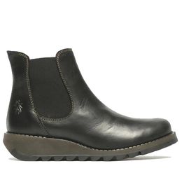 Fly London Damen SALV Chelsea-Stiefel aus Leder mit Keilabsatz, Schwarz