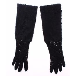 Dolce & Gabbana Dolce & Gabbana Schwarze Spitzen-Woll-Lammfell-Futter-Handschuhe f&uuml;r Damen