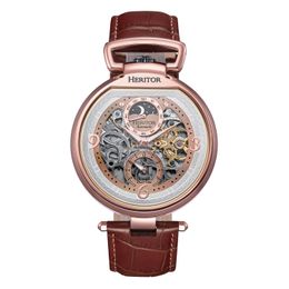 Heritor Automatische Lincoln-Skelettuhr mit Lederarmband und Mondphase