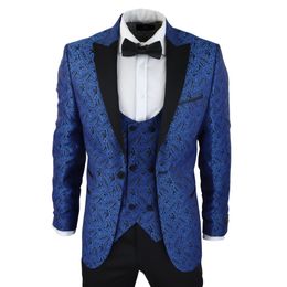 Blauer Herren-Smoking-Blazer, Brokat-Weste, schwarzer Satin-Paisley-Dinner-Jacke