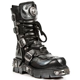 New Rock Flame Biker-Stiefel aus schwarzem/silbernem Leder mit Akzent &ndash; ​​107-S2