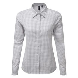 Premier Womens/Ladies Maxton Check Langarmhemd (Silber/Wei&szlig;)