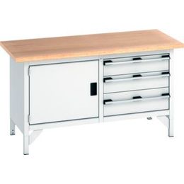 Bott Kastenwerkbank KW-1578-2.3, 3 geschlossene Schubladen, Fl&uuml;gelt&uuml;r, Buche-Multiplexplatte, 1500 x 750 x 840 mm, lichtgrau/lichtgrau