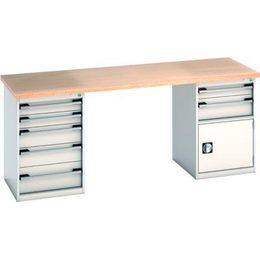 Bott Werkbank Cubio, Buche-Multiplexplatte, B 2000 x T 750 x H 940 mm, bis 1500 kg, 7 Schubladen, lichtgrau (RAL 7035)