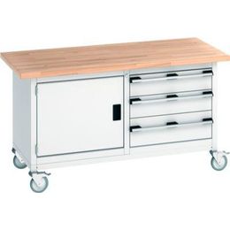 Bott Kastenwerkbank Cubio, 4 Lenkrollen, 3 Schubladen, 1 T&uuml;r, 40 mm Buche-Massiv, B 1500 x T 750 x H 840 mm, lichtgrau/lichtgrau