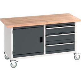 Bott Kastenwerkbank Cubio, 4 Lenkrollen, 3 Schubladen, 1 T&uuml;r, 40 mm Buche-Massiv, B 1500 x T 750 x H 840 mm, anthrazit/lichtgrau