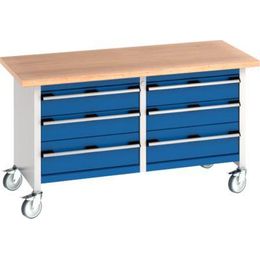Bott Kastenwerkbank cubio, 6 Schubladen, 4 feststellabre Rollen, Buche-Multiplexplatte, B 1500 x T 750 x H 840 mm, enzianblau/lichtgrau