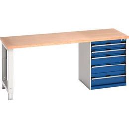 Bott Werkbank cubio, mit Schubladenschrank, Buche-Multiplexplatte, B 2000 x T 750 x H 840 mm, Tragkraft 700 kg, lichtgrau/enzianblau