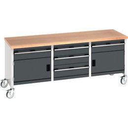 Bott Kastenwerkbank cubio, 5 Schubladen, Buche-Multiplexplatte, 4 Lenkrollen, B 2000 x T 750 x H 840 mm, anthrazit/lichtgrau