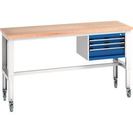 Bott Werkbank cubio, 4 Rollen, mit H&auml;ngeschrank, Buche-Multiplexplatte, B 2000 x T 750 mm, Stahlblech, enzianblau/lichtgrau