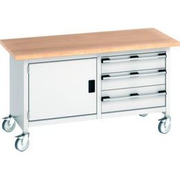 Bott Kastenwerkbank Cubio, 4 Lenkrollen, 3 Schubladen, 1 T&uuml;r, 40 mm Buche-Multiplexplatte, B 1500 x T 750 x H 840 mm, lichtgrau/lichtgrau