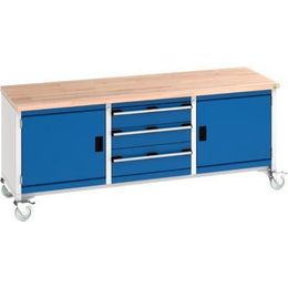 Bott Kastenwerkbank cubio, 4 Lenkrollen, 3 Schubladen, Buche-Massiv, B 2000 x T 750 x H 840 mm, enzianblau/lichtgrau